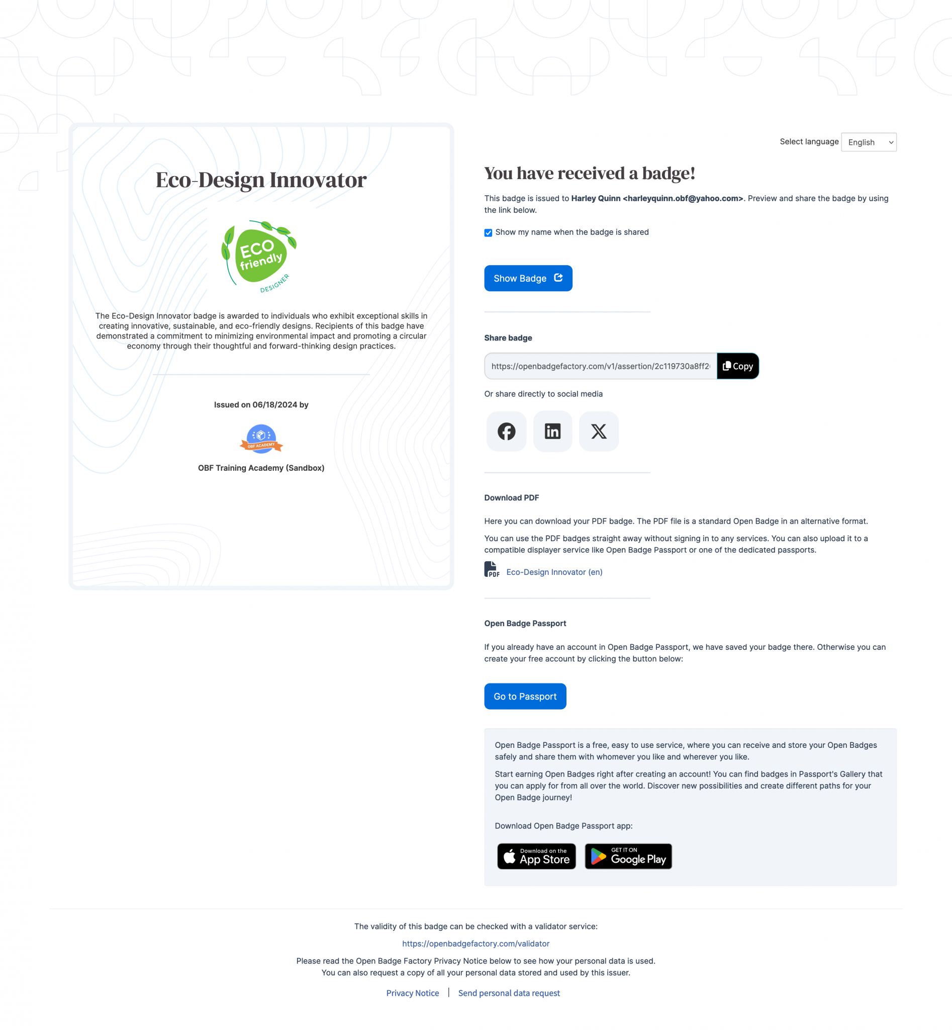 New look for your badge receive page! - Open Badge Factory
